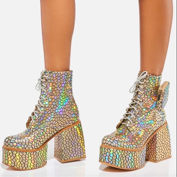 Shoes | Chunky Gold Metallic Holographic Platform Chunky Heel Boots ...